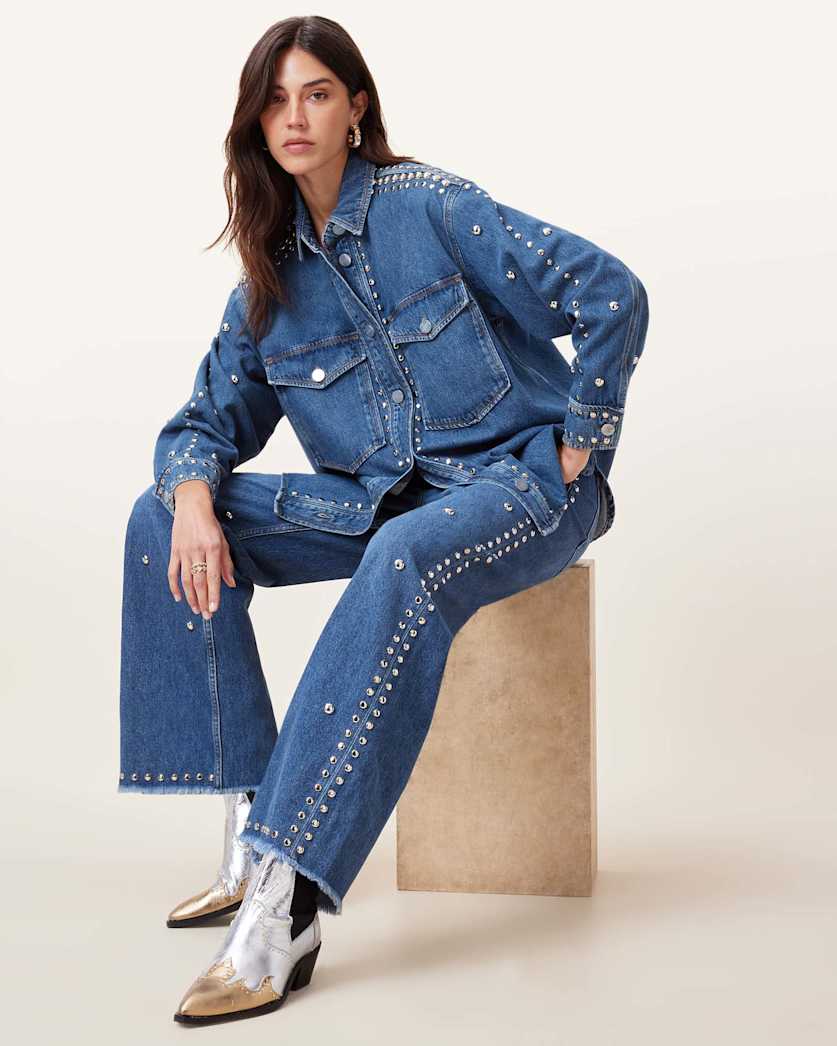 Alba Studded Oversized Denim Shirt Mid Indigo | ALLSAINTS